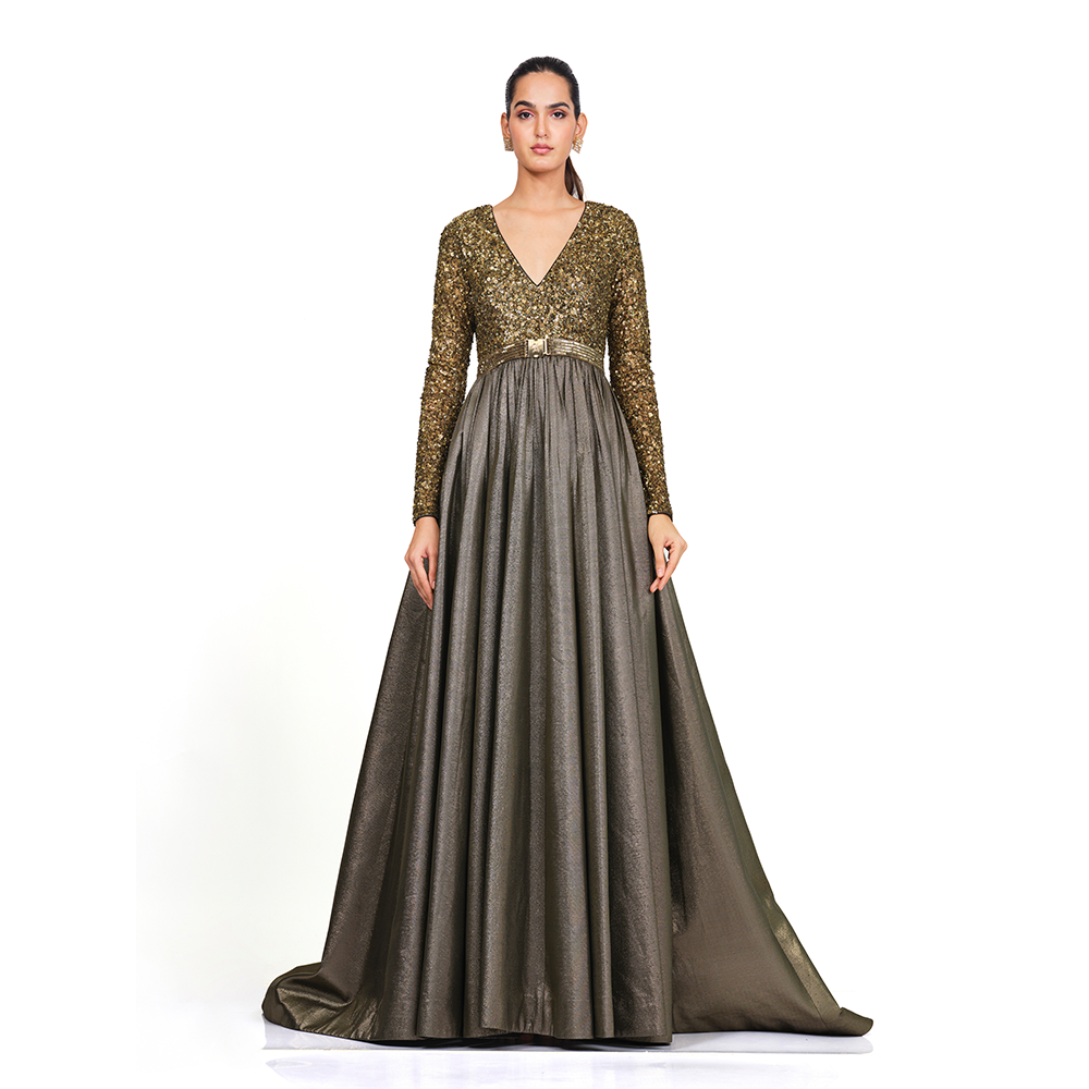 Gold Full Sleeve Gown with V Neck