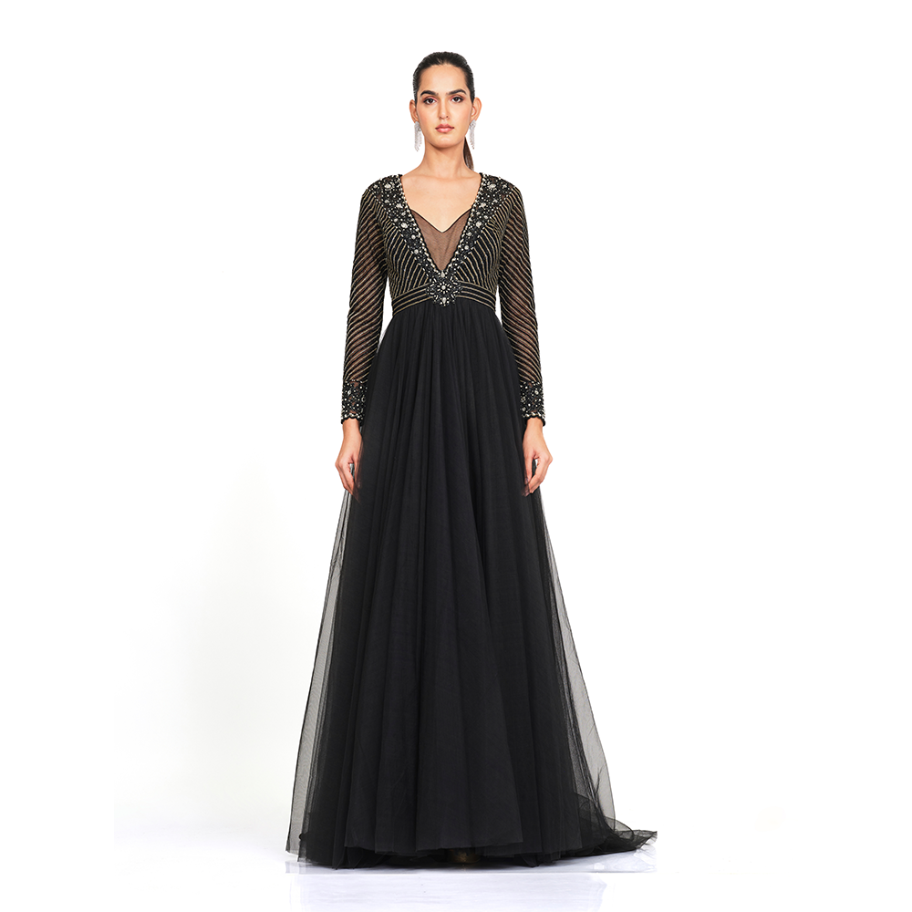 Hand Embroidered Gown with Net Flare